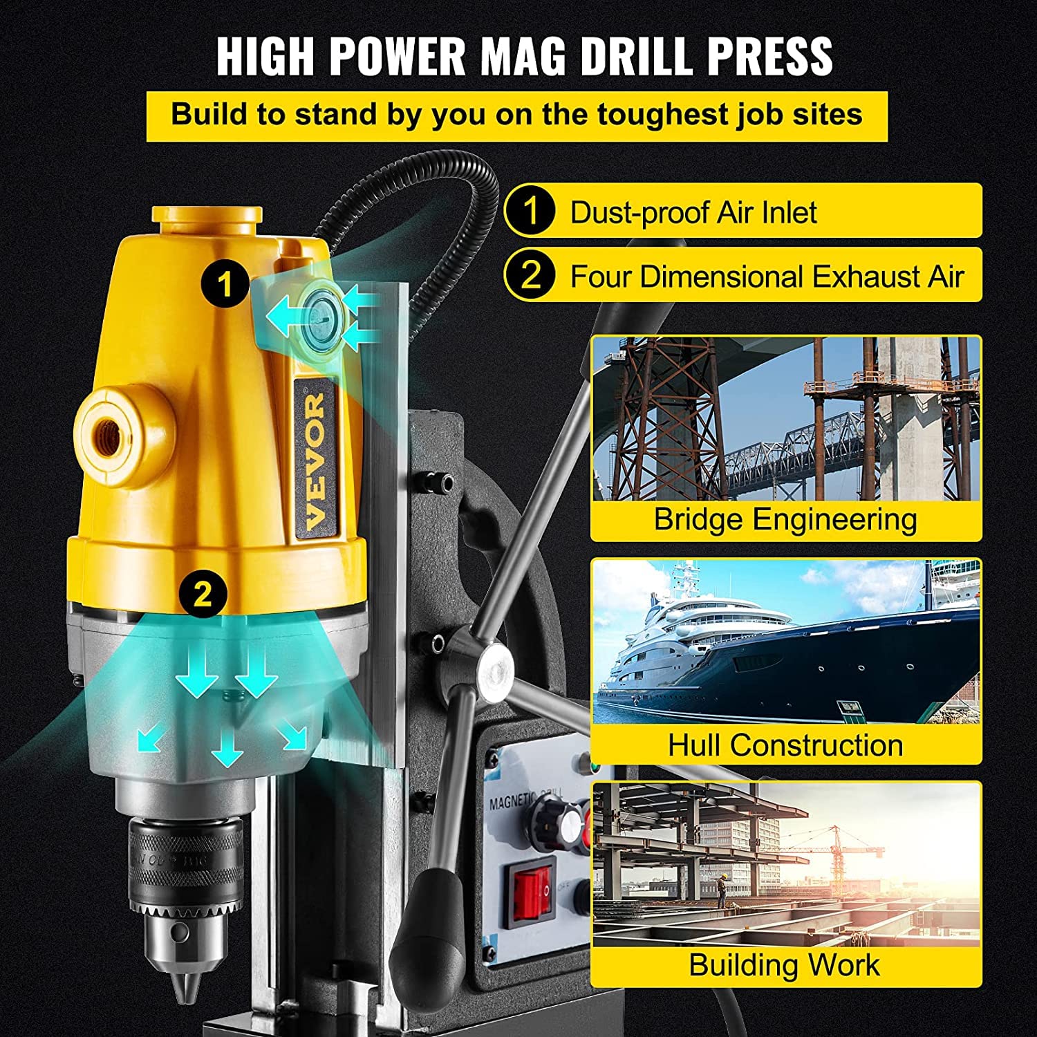 VEVOR Mag Drill, 0-550 RPM Stepless Speed Electromagnetic Drill Press, 3.9" Depth 0.5" Dia Magnetic Core Drill, 1910lbf Boring Tool Drill Press, 750W Drill Press, Yellow and Black Drill Machine