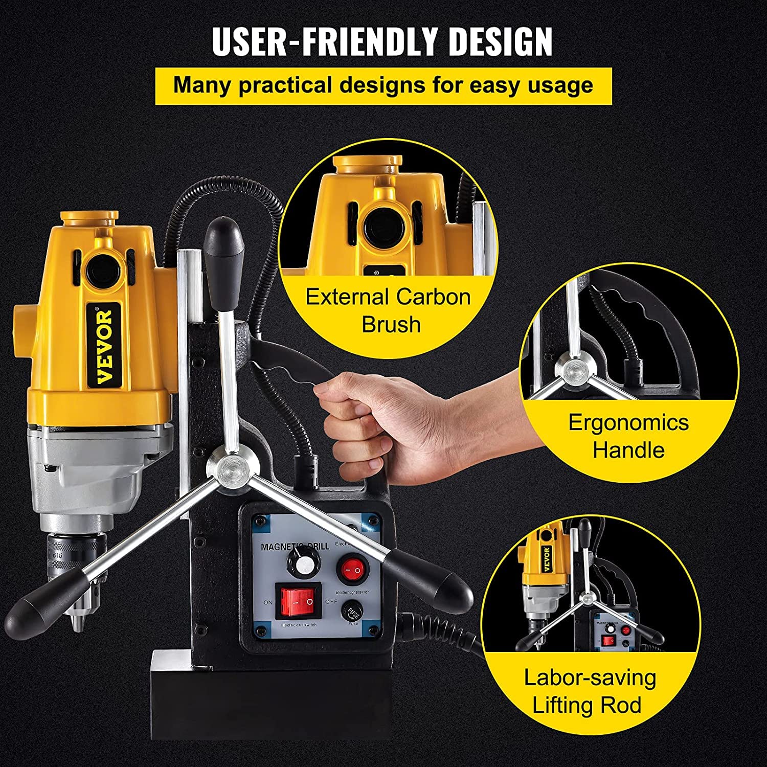 VEVOR Mag Drill, 0-550 RPM Stepless Speed Electromagnetic Drill Press, 3.9" Depth 0.5" Dia Magnetic Core Drill, 1910lbf Boring Tool Drill Press, 750W Drill Press, Yellow and Black Drill Machine