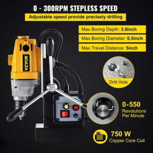 VEVOR Mag Drill, 0-550 RPM Stepless Speed Electromagnetic Drill Press, 3.9" Depth 0.5" Dia Magnetic Core Drill, 1910lbf Boring Tool Drill Press, 750W Drill Press, Yellow and Black Drill Machine