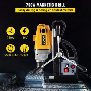 VEVOR Mag Drill, 0-550 RPM Stepless Speed Electromagnetic Drill Press, 3.9" Depth 0.5" Dia Magnetic Core Drill, 1910lbf Boring Tool Drill Press, 750W Drill Press, Yellow and Black Drill Machine