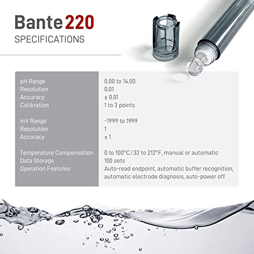 Bante 220 Portable pH Meter, ±0.01 pH Accuracy, 3 Points Calibration, Automatic Temperature Compensation, Auto-Read Measurement Endpoint, 100 Sets of Data Storage