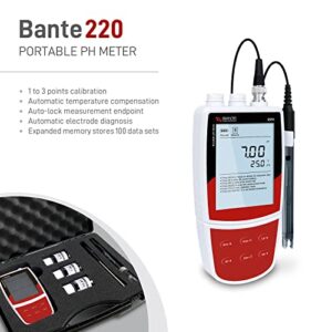 Bante 220 Portable pH Meter, ±0.01 pH Accuracy, 3 Points Calibration, Automatic Temperature Compensation, Auto-Read Measurement Endpoint, 100 Sets of Data Storage