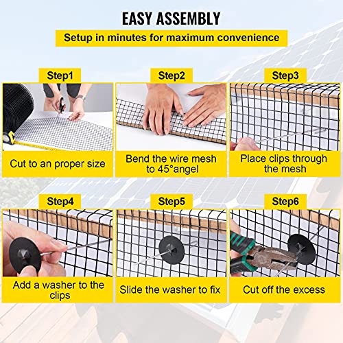 VEVOR Solar Panel Bird Guard 6inch PVC Coated Mesh Roll Kit, Critter Fence,Pigeon Proofing, Black, 6in x 98ft with 100pcs Fasteners, 50pcs Tie Wires