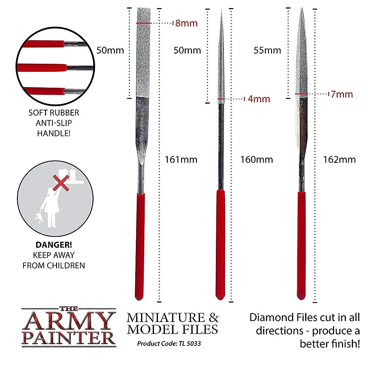 The Army Painter - Stainless Steel Precision Hobby Knife with Soft Grip and 5 Extra Razor-Sharp Scalpel Blades, and Miniature and Model 3-Piece Diamond File Set