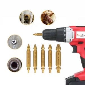 Chew Steel Tools 5 Pieces Damaged Screw Extractor Kit and Stripped Screw Extractor Set, Remover Tool and Drill Bit Set, Broken Bolt Extractor and Screw Remover Set HSS 4341 Material (Gold)