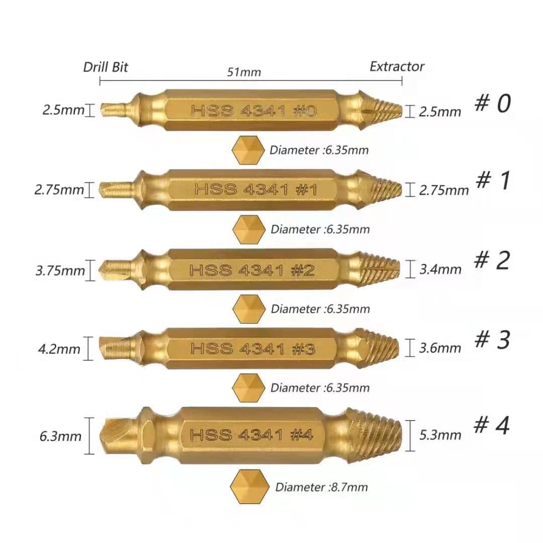 Chew Steel Tools 5 Pieces Damaged Screw Extractor Kit and Stripped Screw Extractor Set, Remover Tool and Drill Bit Set, Broken Bolt Extractor and Screw Remover Set HSS 4341 Material (Gold)