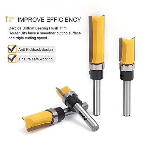 Pattern Flush Trim Router Bit Set, Newdeli Straight Cut Router Bit with a Bearing Prevent Tear-Out, Template Guide Woodworking Milling Cutter Tool