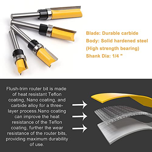 Pattern Flush Trim Router Bit Set, Newdeli Straight Cut Router Bit with a Bearing Prevent Tear-Out, Template Guide Woodworking Milling Cutter Tool