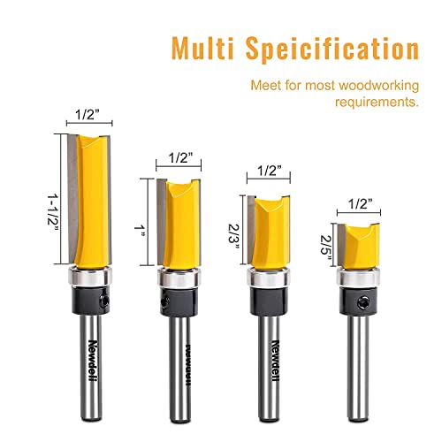 Pattern Flush Trim Router Bit Set, Newdeli Straight Cut Router Bit with a Bearing Prevent Tear-Out, Template Guide Woodworking Milling Cutter Tool