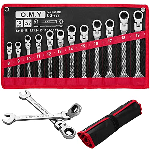 SmarketBuy Ratcheting Wrench Set 12Pcs, Multifuctional Combination Ended Spanner Kit Metric 8-19MM Chrome Vanadium Steel Flex-Head Ratchet Wrenches with Carrying Bag