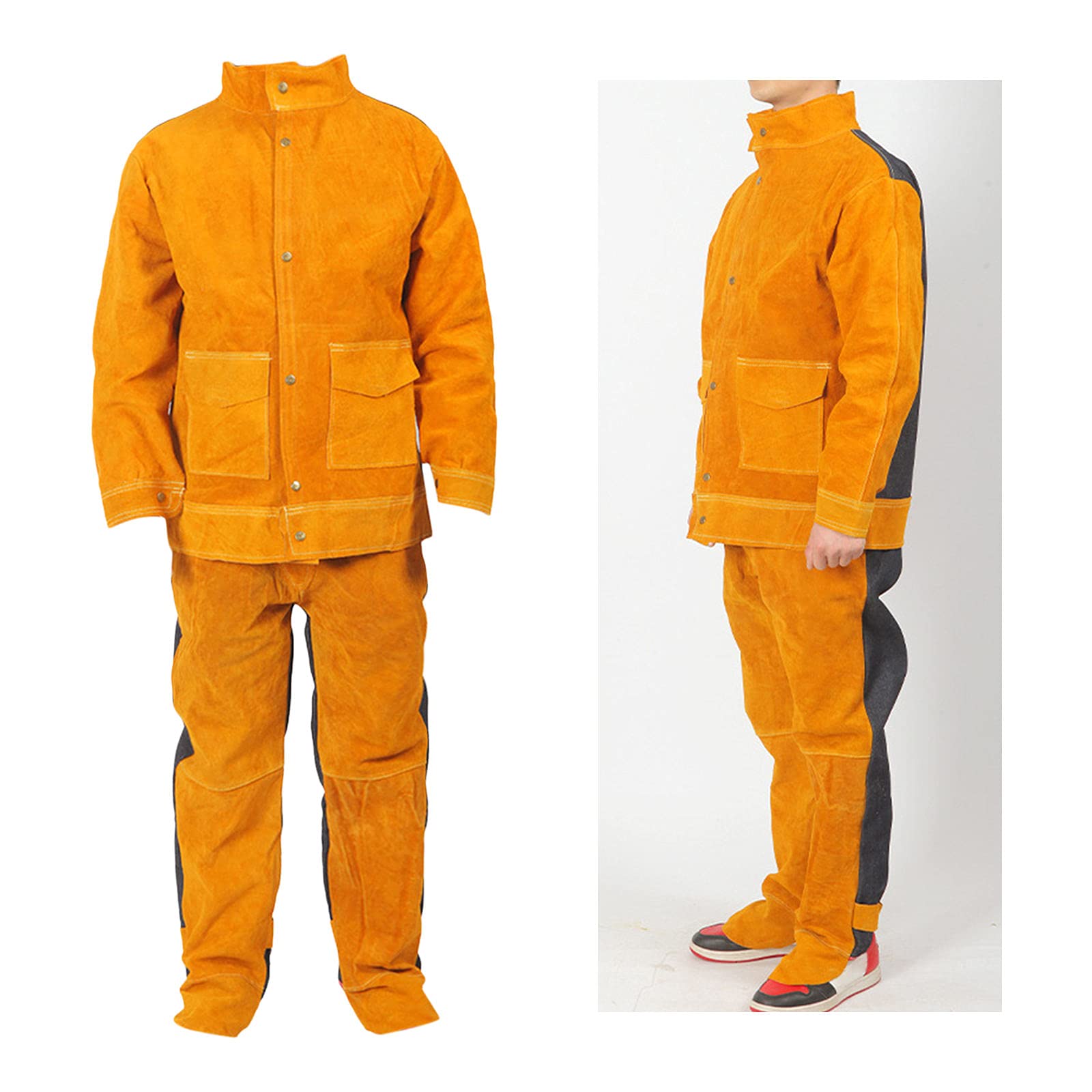 Prettyia Cowhide Welding Jacket Pant Suit for Men, Heavy Duty Flame Heat Resistant Welding Clothing, Durable and Easy to Wear, Orange, 108cm