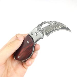 HUAAO 4.6’’ Damascus Pocket Knife Wood Handle, Liner Lock, Keychain, Mini Pocket Knife for Men Outdoor Camping Gift