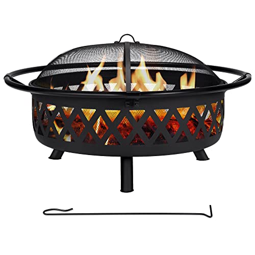 SUNCREAT 42” Patio Fire Pit Wood Burning with Mesh Spark Screen, Bonfire Outdoor firepit with Fireplace Poker, Black