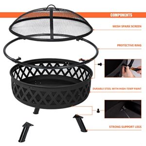 SUNCREAT 42” Patio Fire Pit Wood Burning with Mesh Spark Screen, Bonfire Outdoor firepit with Fireplace Poker, Black