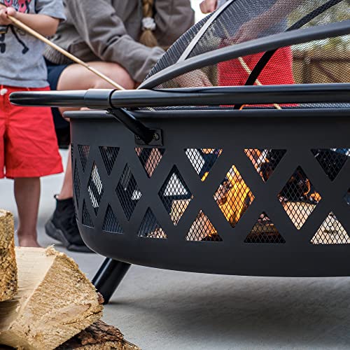 SUNCREAT 42” Patio Fire Pit Wood Burning with Mesh Spark Screen, Bonfire Outdoor firepit with Fireplace Poker, Black