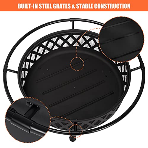 SUNCREAT 42” Patio Fire Pit Wood Burning with Mesh Spark Screen, Bonfire Outdoor firepit with Fireplace Poker, Black