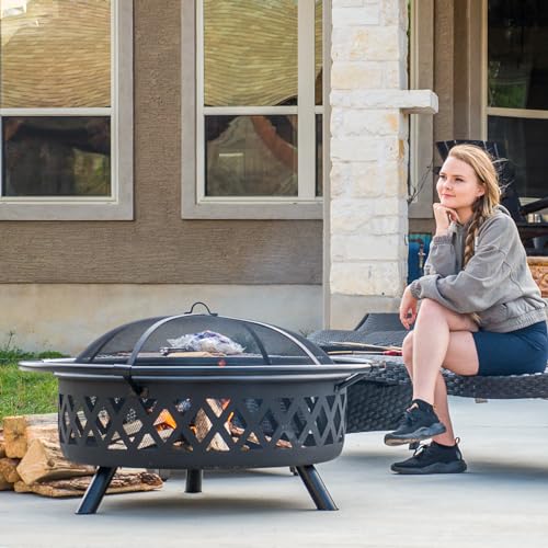 SUNCREAT 42” Patio Fire Pit Wood Burning with Mesh Spark Screen, Bonfire Outdoor firepit with Fireplace Poker, Black