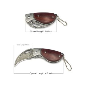 HUAAO 4.6’’ Damascus Pocket Knife Wood Handle, Liner Lock, Keychain, Mini Pocket Knife for Men Outdoor Camping Gift