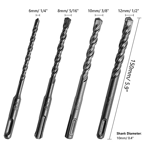 LDEXIN 4 Pcs SDS Rotary Hammer Drill Bit Set, SDS Plus Hammer Drill Bits for Concrete Masonry Wall - 1/4", 5/16", 3/8", 1/2" Diameter