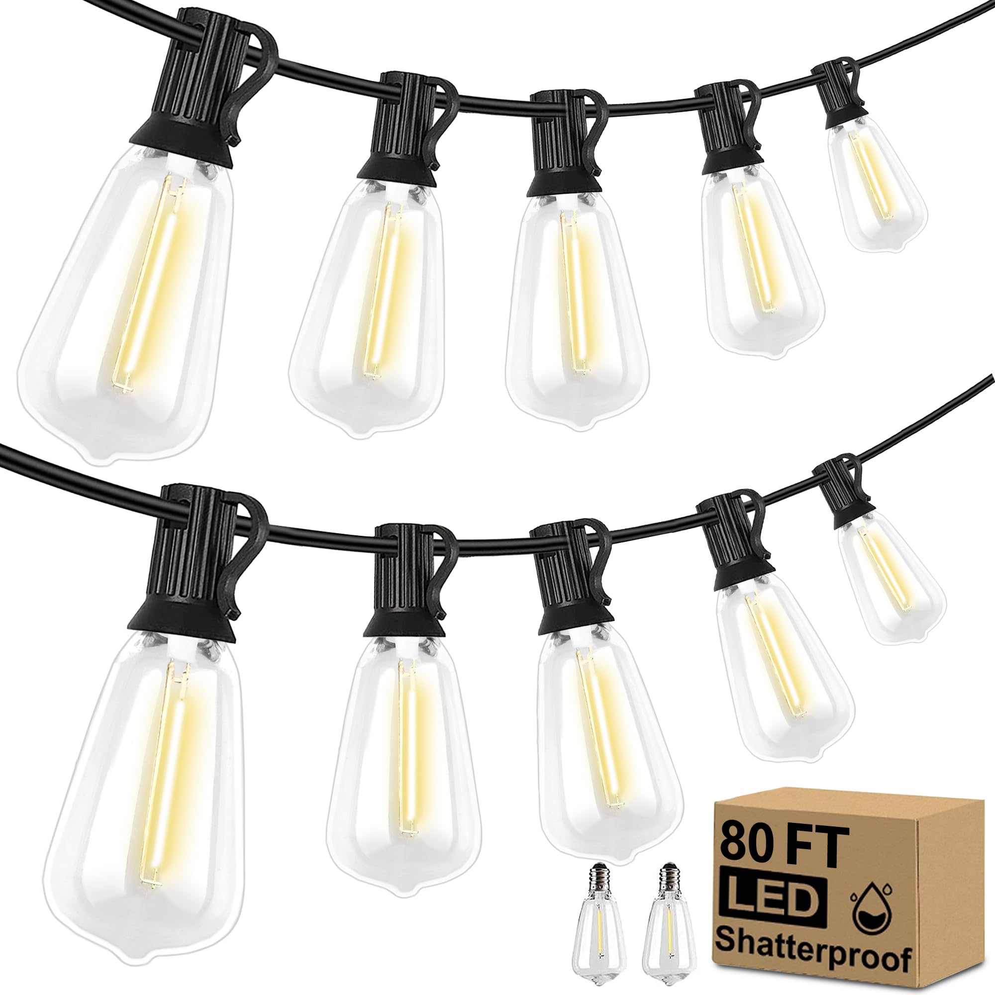 Outdoor String Lights 80ft ST38 Outdoor Lights with Waterproof Shatterproof 42 LED Bulbs(2 Spare)Connectable Patio Lights for Indoor Outdoor Courtyard Cafe Porch Party Led Outdoor String Lights