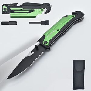 shubhada folding pocket knives multi function emergency tool knives led light magnesium fire starter seatbelt cutter glass breaker bottle opener（green）