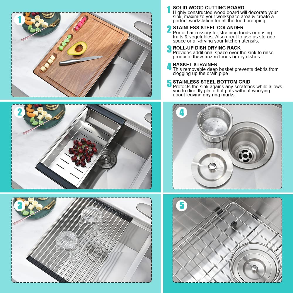 33 Undermount Workstation Kitchen Sink - iAnomla 33 x19 Inch Undermount Kitchen Sink 16 Gauge Ledge Workstation Stainless Steel 60/40 Double Bowl Kitchen Sink with Cutting Board