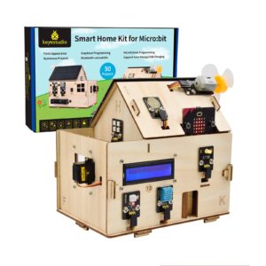 keyestudio microbit smart home starter kit with micro:bit v2, makecode blocks & python code|wireless remote control app| solar & micro usb charging|rgb,i2c lcd for kids coding