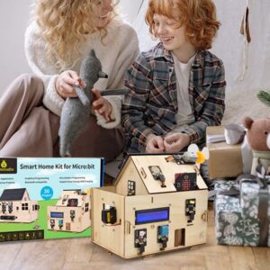 KEYESTUDIO Microbit Smart Home Starter Kit with Micro:bit V2, MakeCode Blocks & Python Code|Wireless Remote Control APP| Solar & Micro USB Charging|RGB,i2c LCD for Kids Coding