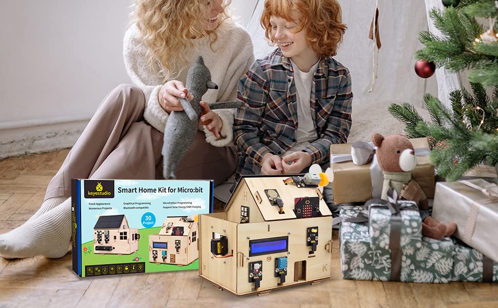 KEYESTUDIO Microbit Smart Home Starter Kit with Micro:bit V2, MakeCode Blocks & Python Code|Wireless Remote Control APP| Solar & Micro USB Charging|RGB,i2c LCD for Kids Coding