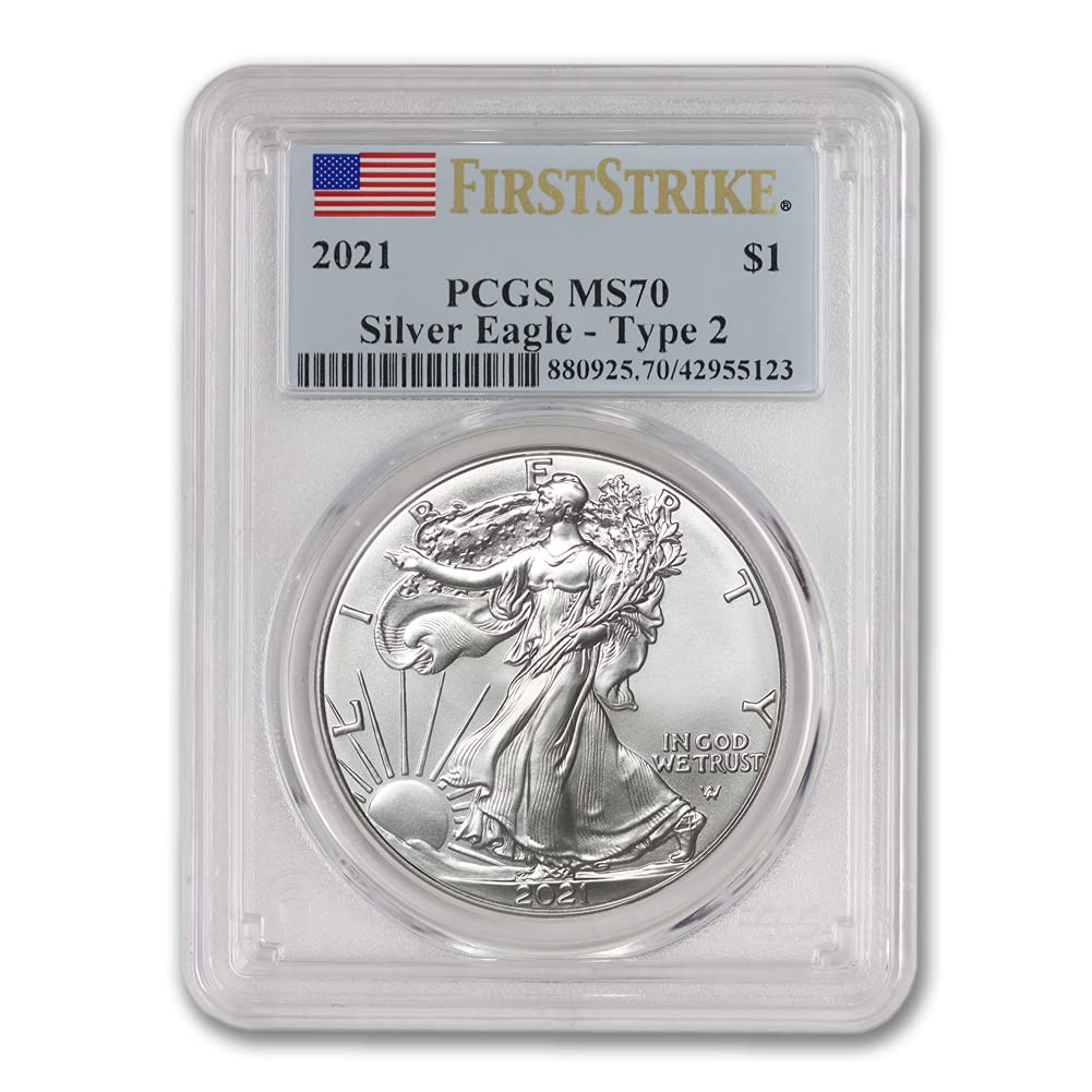 2021 1 oz American Silver Eagle Coins MS-70 (Type 2 - First Strike - Flag Label) $1 MS70 PCGS