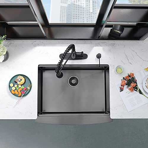 24 Black Farmhouse Kitchen Sink - iAnomla 24 x22 Inch Gunmetal Gunmetal Black Stainless Steel Farmhouse Apron Front Workstation Kitchen Sink 16 Gauge R10 Single Bowl Farm Sink with Cutting Board