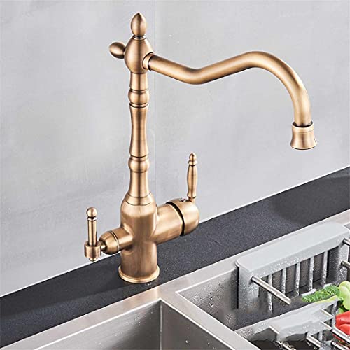 Kitchen Filter Faucet Pure Water 360 Rotation Kitchen Sink Crane Dual Handle Dual Water Function Mode Filter Mixer Taps Antique Brass