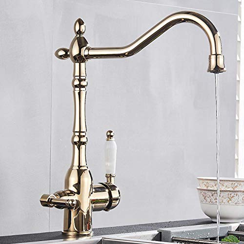 Kitchen Filter Faucet Pure Water 360 Rotation Kitchen Sink Crane Dual Handle Dual Water Function Mode Filter Mixer Taps Antique Brass