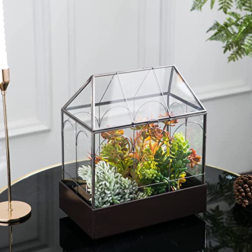 Vellon Large House Shape Glass Plant Terrarium for Foliage Succulent Bonsai Air Plant, Indoor Greenhouse, Planter Box, Black - 9.1 x 5.75 x 10.8”