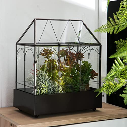 Vellon Large House Shape Glass Plant Terrarium for Foliage Succulent Bonsai Air Plant, Indoor Greenhouse, Planter Box, Black - 9.1 x 5.75 x 10.8”