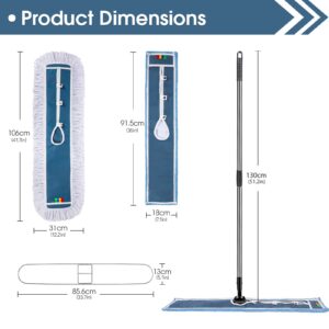 42 Inch Commercial Industrial Mop Dust Mop with 2 Pads, Commercial Mop for Dry and Wet Cleaning, Stainless Steel Handle, Heavy Duty Floor Duster Mop for Warehouse Factory Mall Garage