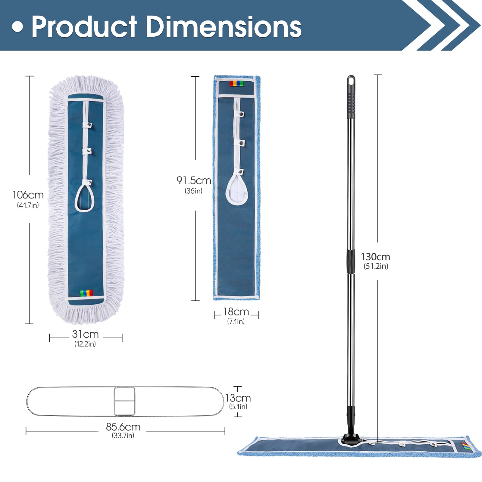 42 Inch Commercial Industrial Mop Dust Mop with 2 Pads, Commercial Mop for Dry and Wet Cleaning, Stainless Steel Handle, Heavy Duty Floor Duster Mop for Warehouse Factory Mall Garage