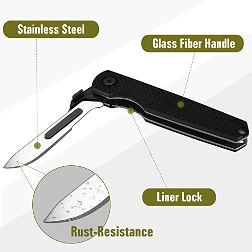 Swiss+Tech 3.5 Inch Replaceable Blade Hunting Knife, Folding Scalpel, With 5 Replacement Quick Change Blades and Container/Blades Changer, For Skinning, Peeling, Chipping…