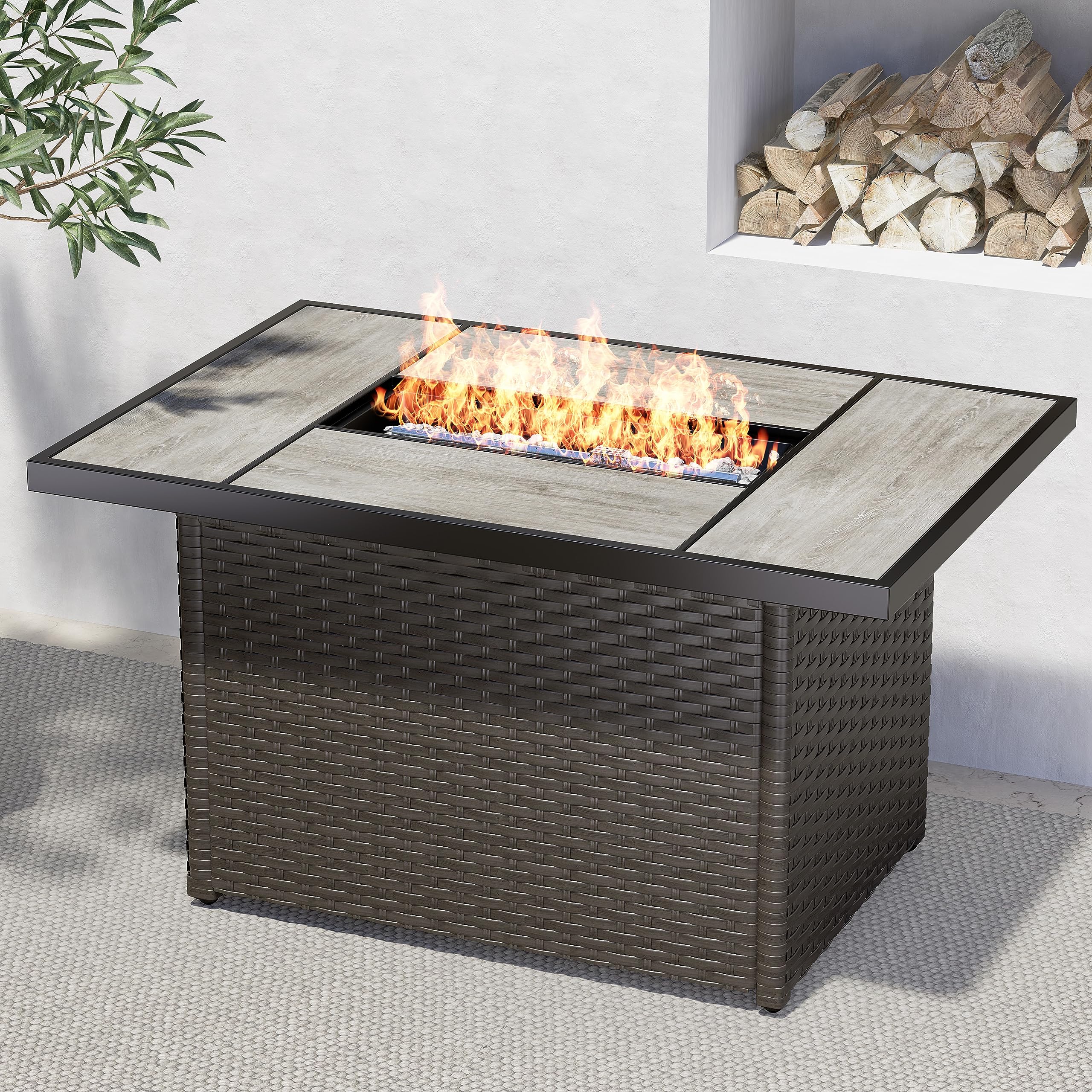 Grand Patio Outdoor 43-Inch CSA Safety Approved Gas Fire Pit Table 50000 BTU Rectangle Propane Fire Pit with Ceramic Tile Top and Resin Wicker Base