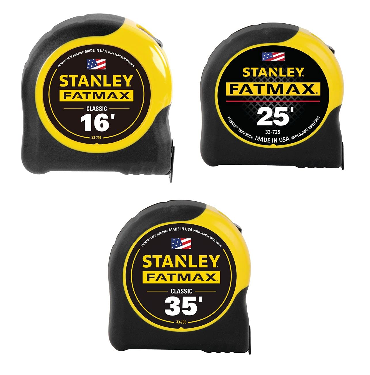 Stanley Tool Stanley 33-716-33-725-33-735 16ft., 25ft. and 35ft. Fatmax Classic Tape Measure Value Pack, Yellow/Black (33-162535)