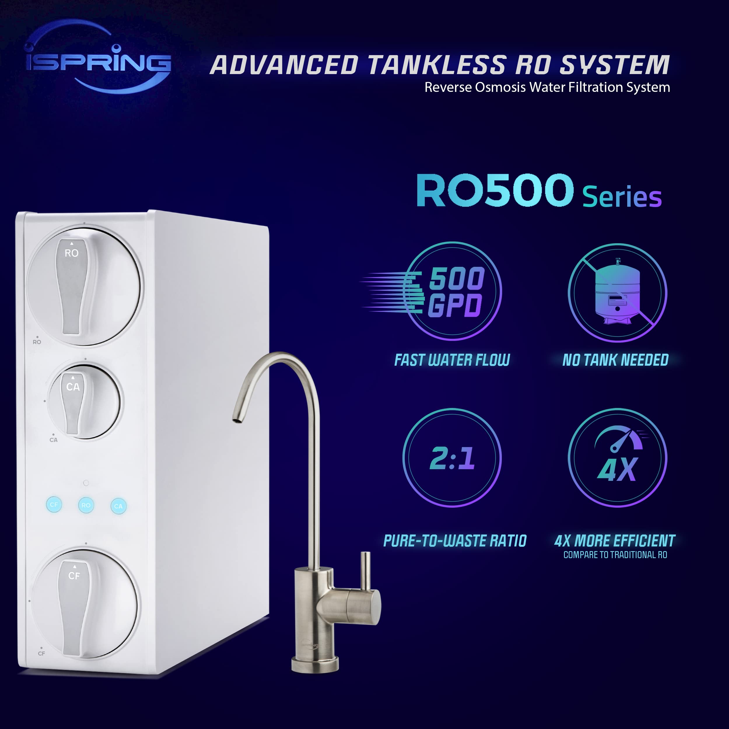 iSpring RO500AK-BN Tankless RO Reverse Osmosis Water Filtration System, 500 GPD Fast Flow with Natural pH Alkaline Remineralization, Brushed Nickel Faucet, 2:1 Pure to Drain Ratio, White.