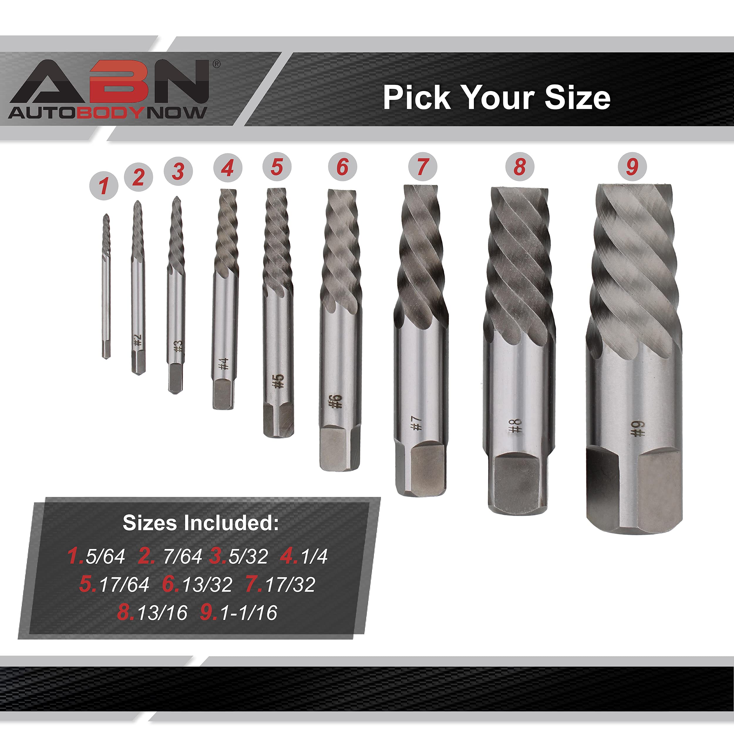 ABN Jumbo Spiral Flute Extractor - 9 Piece Easy Out Bolt Screw Extractor Set Square Shank Reverse Bit Set with Wood Case