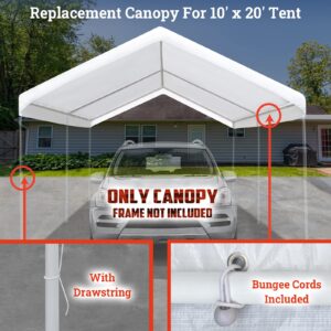 BenefitUSA 10x20' Waterproof Upgraded Carport Replacement Canopy Only Garage Top Cover Tent Shelter Tarp with Ball Bungee Cords,Frame is not Included White