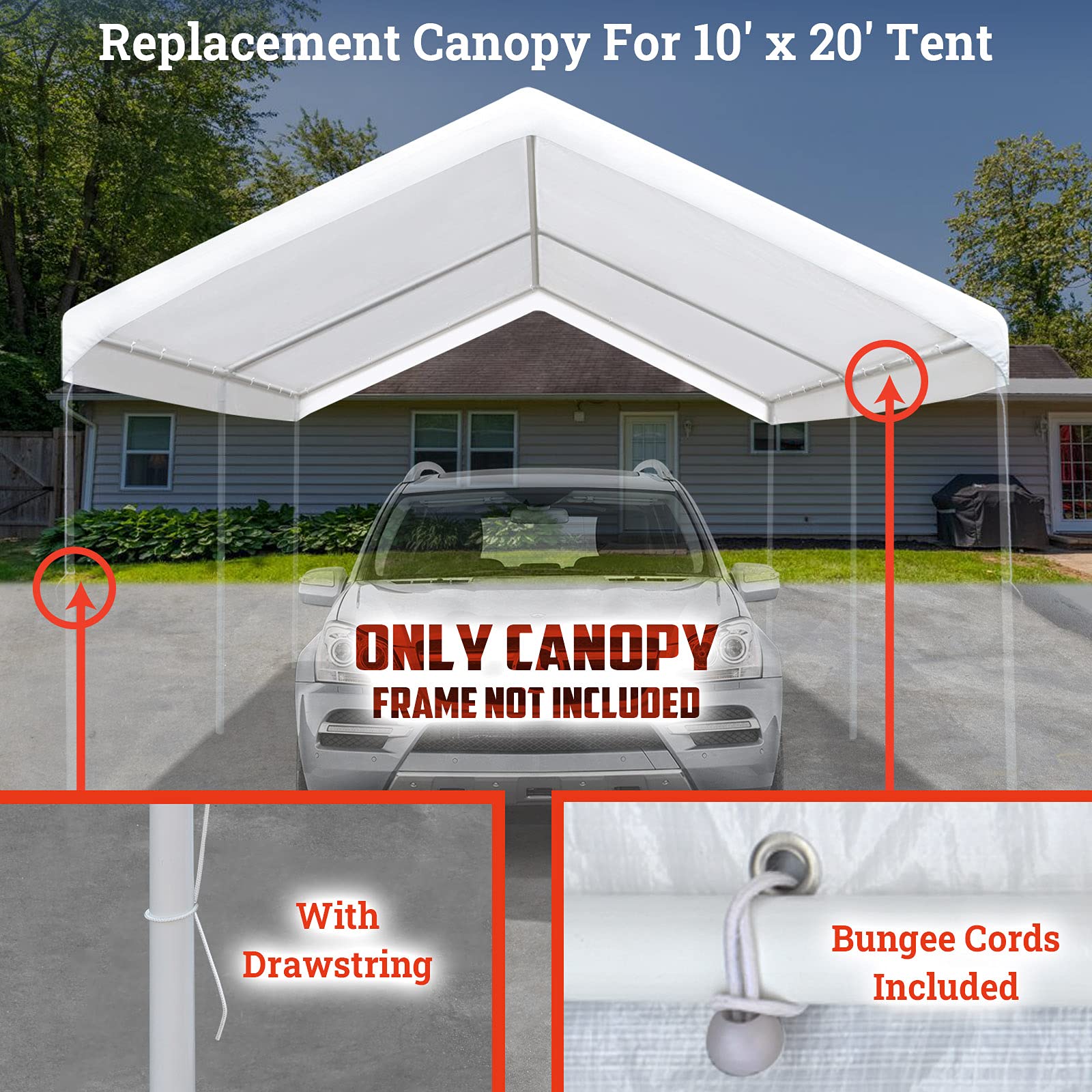 BenefitUSA 10x20' Waterproof Upgraded Carport Replacement Canopy Only Garage Top Cover Tent Shelter Tarp with Ball Bungee Cords,Frame is not Included White