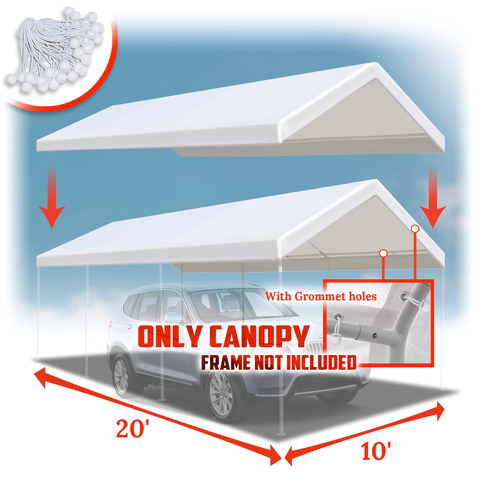 BenefitUSA 10x20' Waterproof Upgraded Carport Replacement Canopy Only Garage Top Cover Tent Shelter Tarp with Ball Bungee Cords,Frame is not Included White