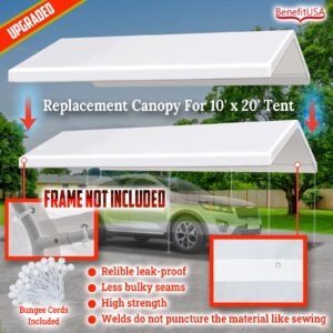 BenefitUSA 10x20' Waterproof Upgraded Carport Replacement Canopy Only Garage Top Cover Tent Shelter Tarp with Ball Bungee Cords,Frame is not Included White