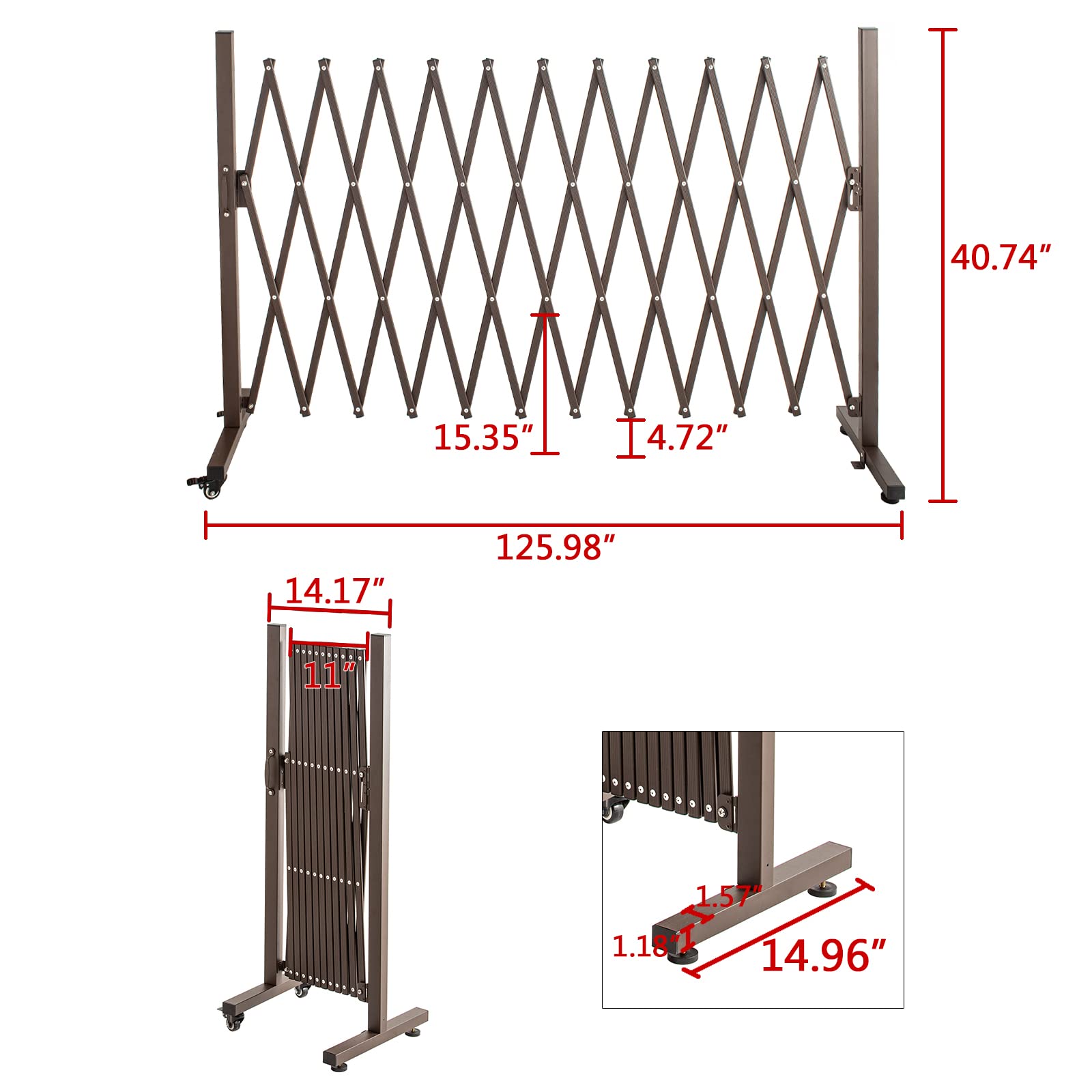 TECSPACE Aluminum Expandable Garden Fence, Portable Barricade Gate with Casters, Expansion Size 126×15.2×40.6 inches, Flexible Fence Mobile Barricade Safety Barrier, Pet Fence Gate Adjustable