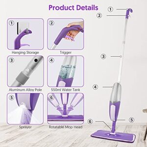 Spray Mop for Floor Cleaning - SEVENMAX Microfiber Floor Mop with 550ML Refillable Bottle 3 Washable Pads Kitchen Dry Wet Flat Dust Mop for Cleaning Hardwood Laminate Wood Ceramic Marble Tile Floors