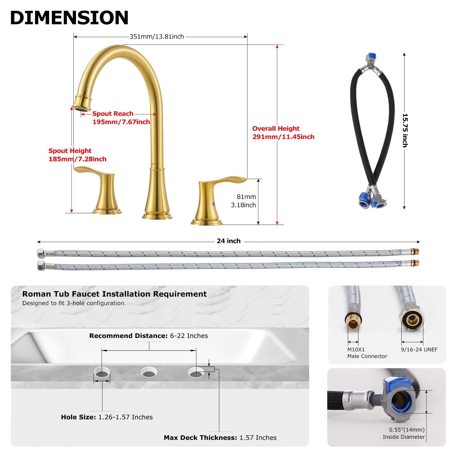 PARLOS 2-Handle Widespread High Arc Roman Tub Faucet Tub Filler with Valve & Faucet Supply Lines, Matte Black, Demeter 1436204