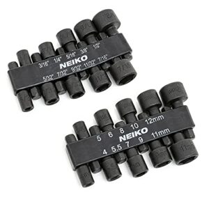 neiko 10068a nut driver set, for impact drill and driver, 20 piece, 1/4” hex small nut driver bit set, metric and standard, 4-12 mm & 5/32”-1/2”, cr-v steel, nutsetter driver bits